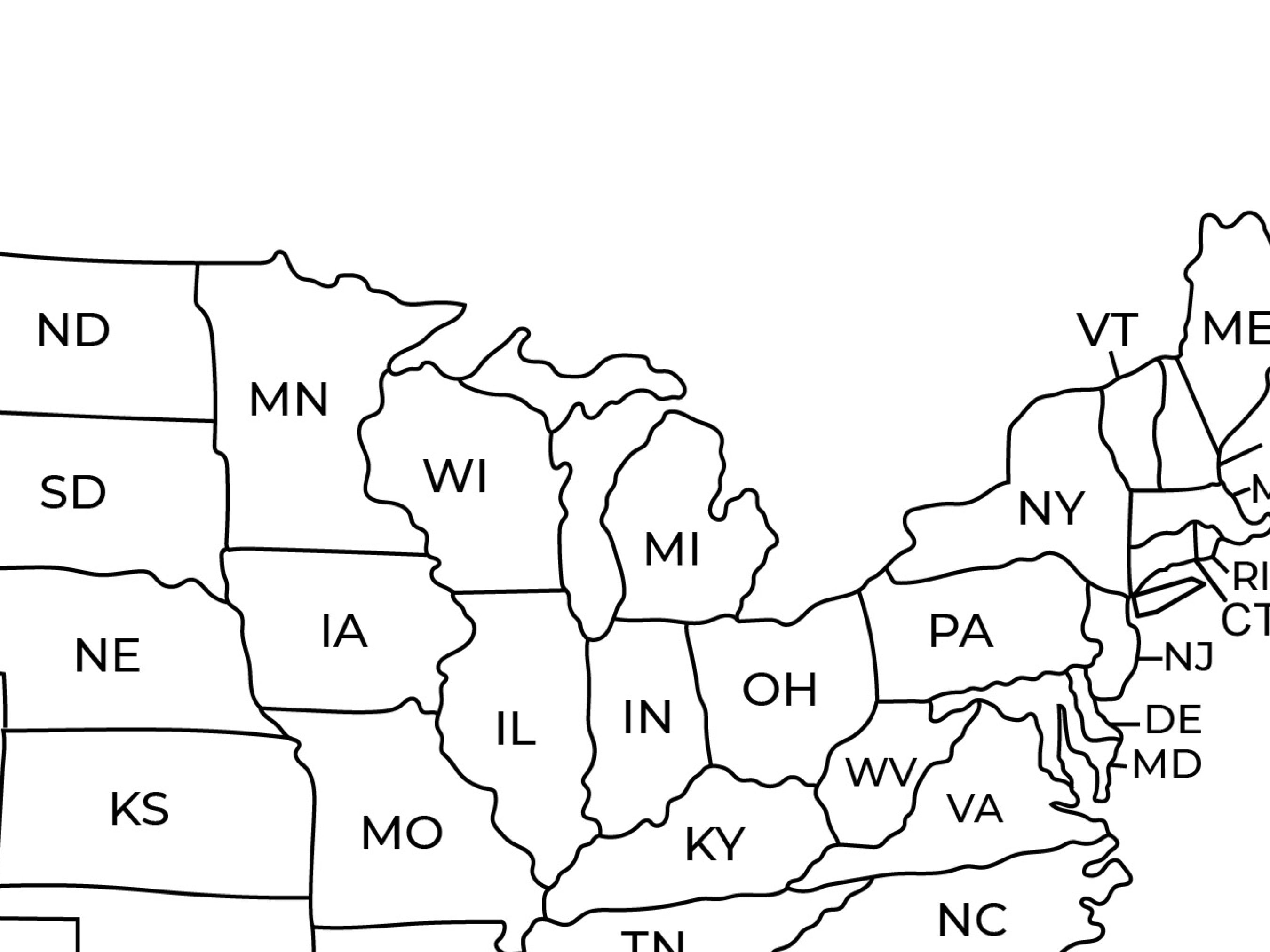 United States Map USA Labeled, Black and White Map USA Printable - Etsy UK