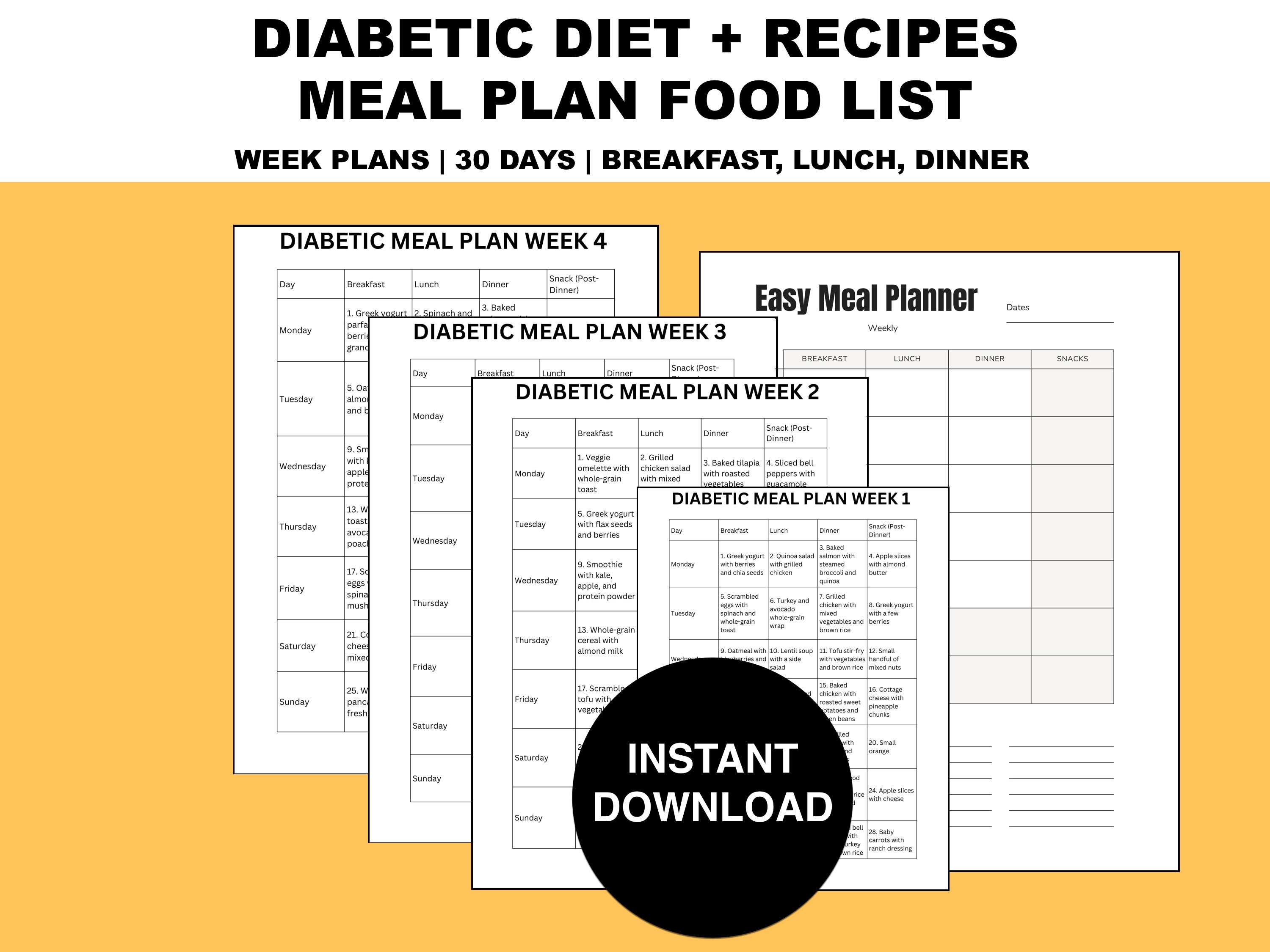 Diabetic Menu for a Month, Printable 30-day Diet Plan PDF Type 2 ...