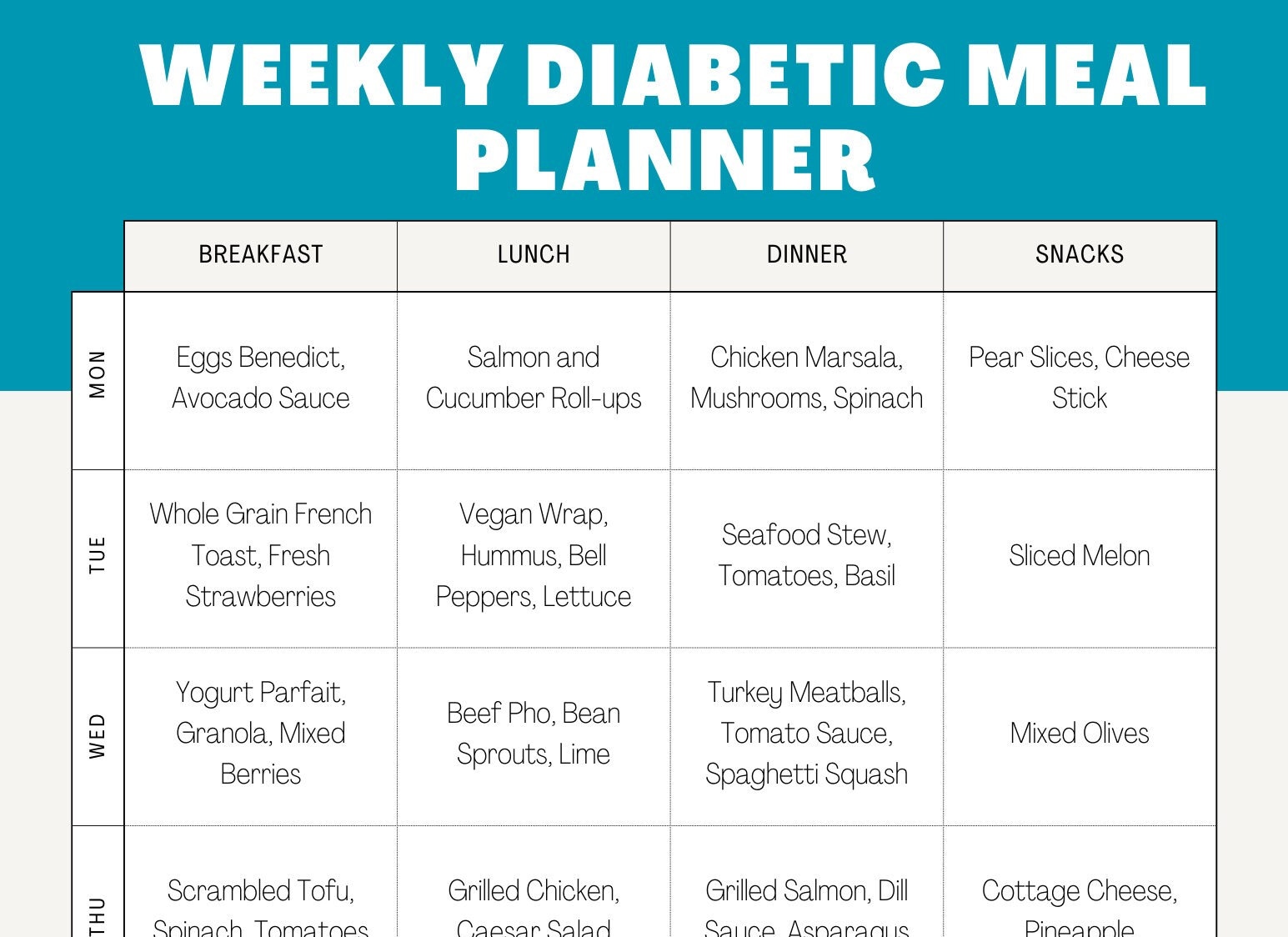 Diabetic Menu for a Month, Printable 30-day Diet Plan PDF Type 2 ...