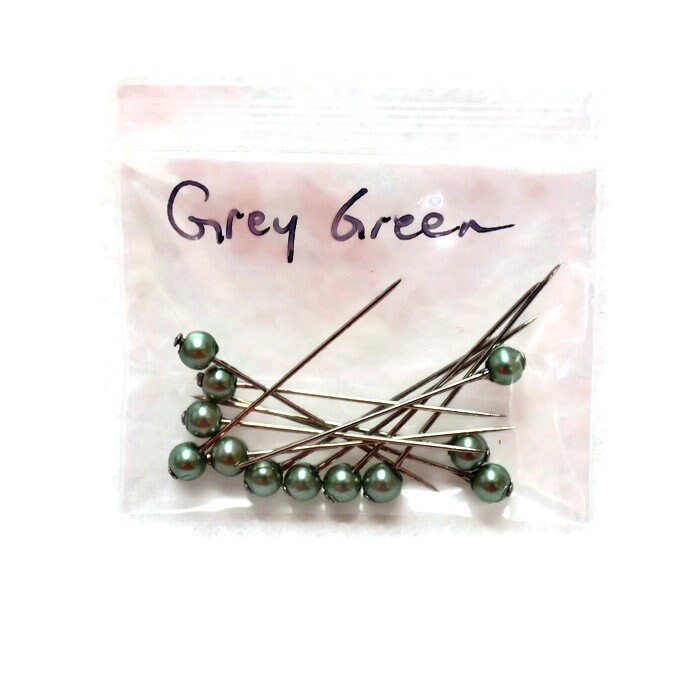 Grey Green glass head straight pins Set of 12 or 24 | Etsy