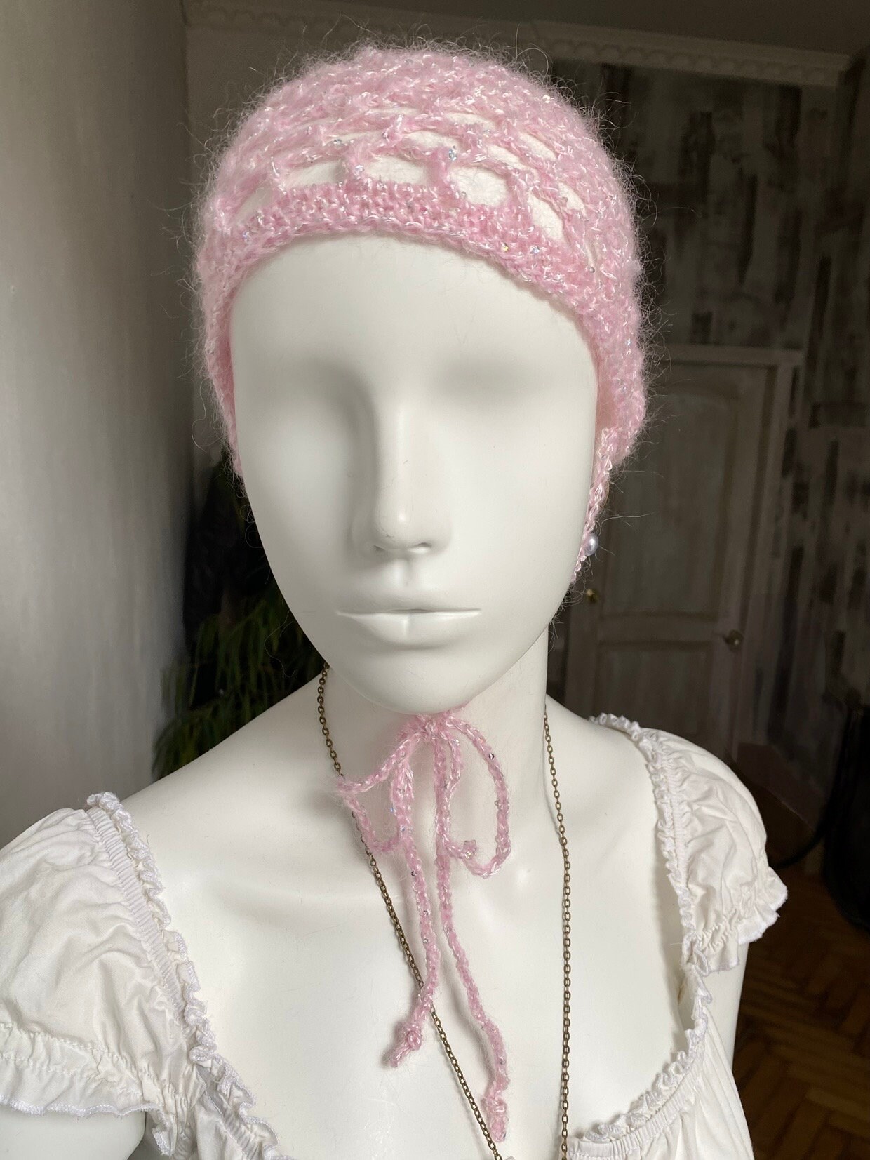 Crochet Mohair Bonnet Mesh Bonnet Adult Bonnet Summer Bonnet Knitted ...
