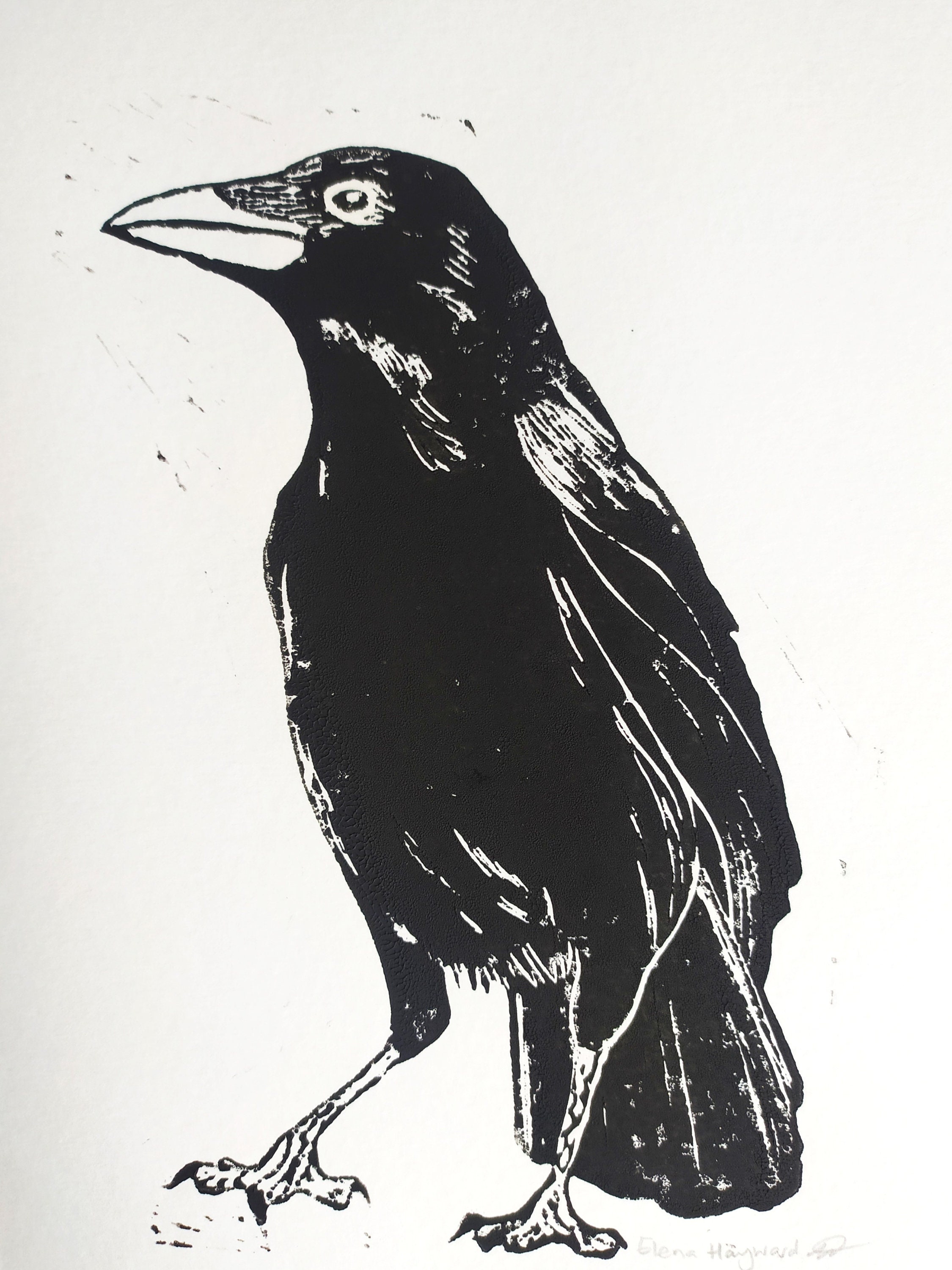 Crow A5, Handmade Linocut Bird Art Print, Unique Linoprint, Corvid ...