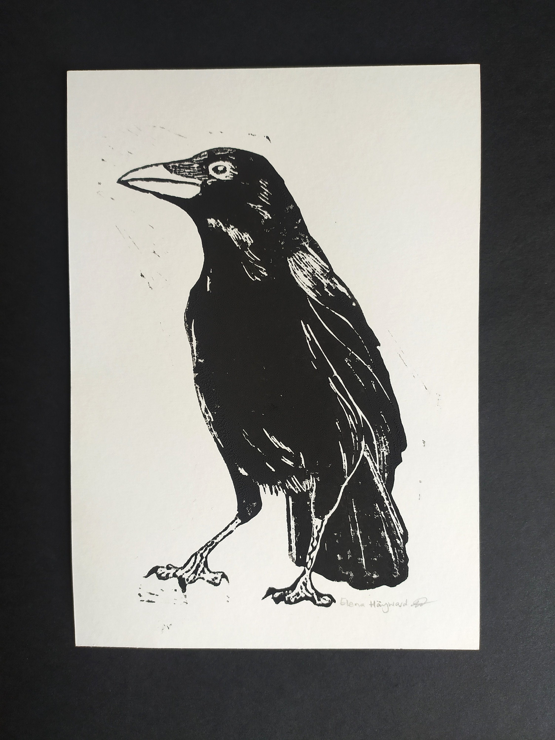 Crow A5, Handmade Linocut Bird Art Print, Unique Linoprint, Corvid ...