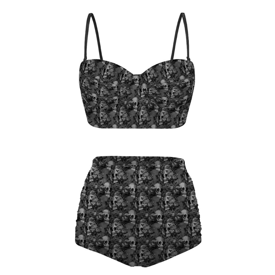 Retro 1950s Style Skull And Roses Womens High Waist Bikini Suspender Two Piece Swimsuit Etsy