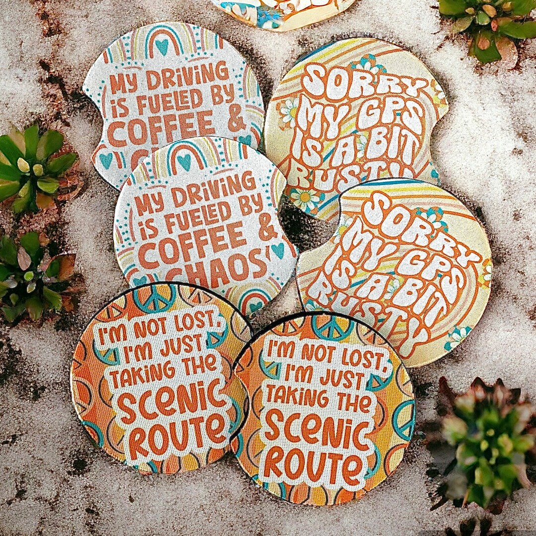 Retro Themed Neoprene Car Coasters | Funny Sayings | Set of 2 | GPS is ...