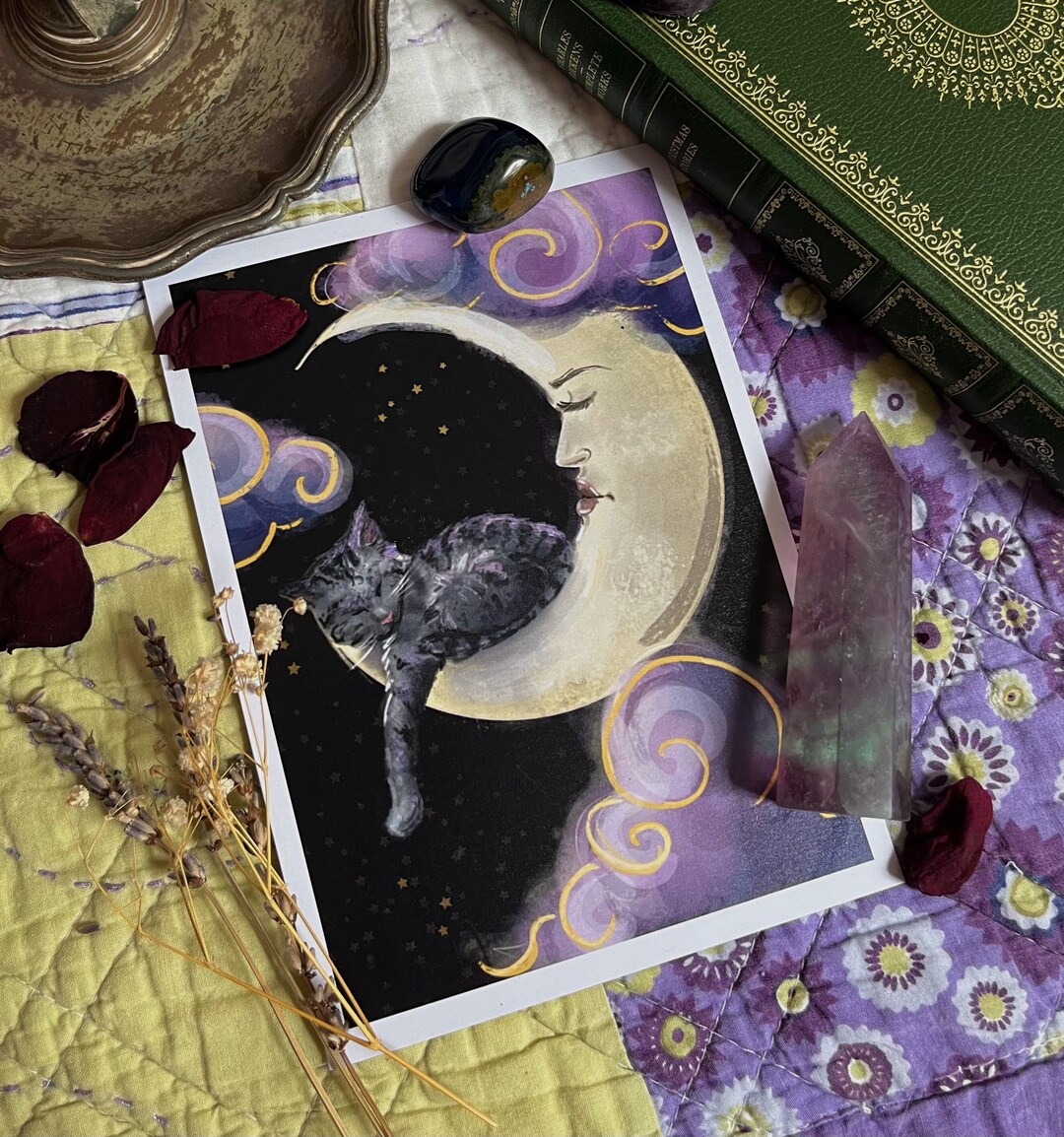 Cat on the Moon celestial Whimsigoth Art Print Wall Art 7x5 - Etsy