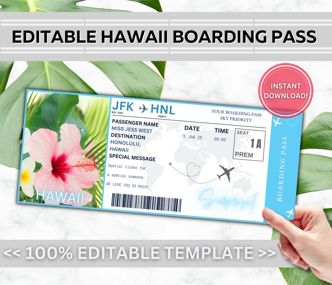 EDITABLE Hawaii Surprise Boarding Ticket Template, Canva Boarding Pass ...