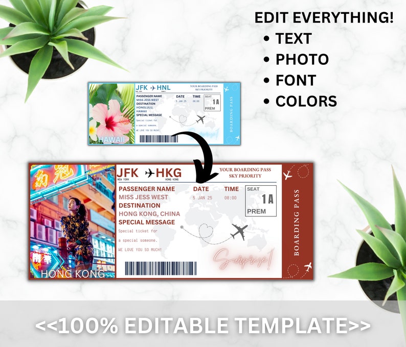 EDITABLE Hawaii Surprise Boarding Ticket Template Canva - Etsy