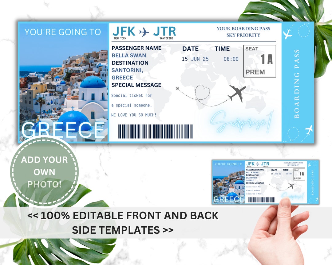 EDITABLE Greece Surprise Boarding Ticket Template Pass, Canva Boarding ...