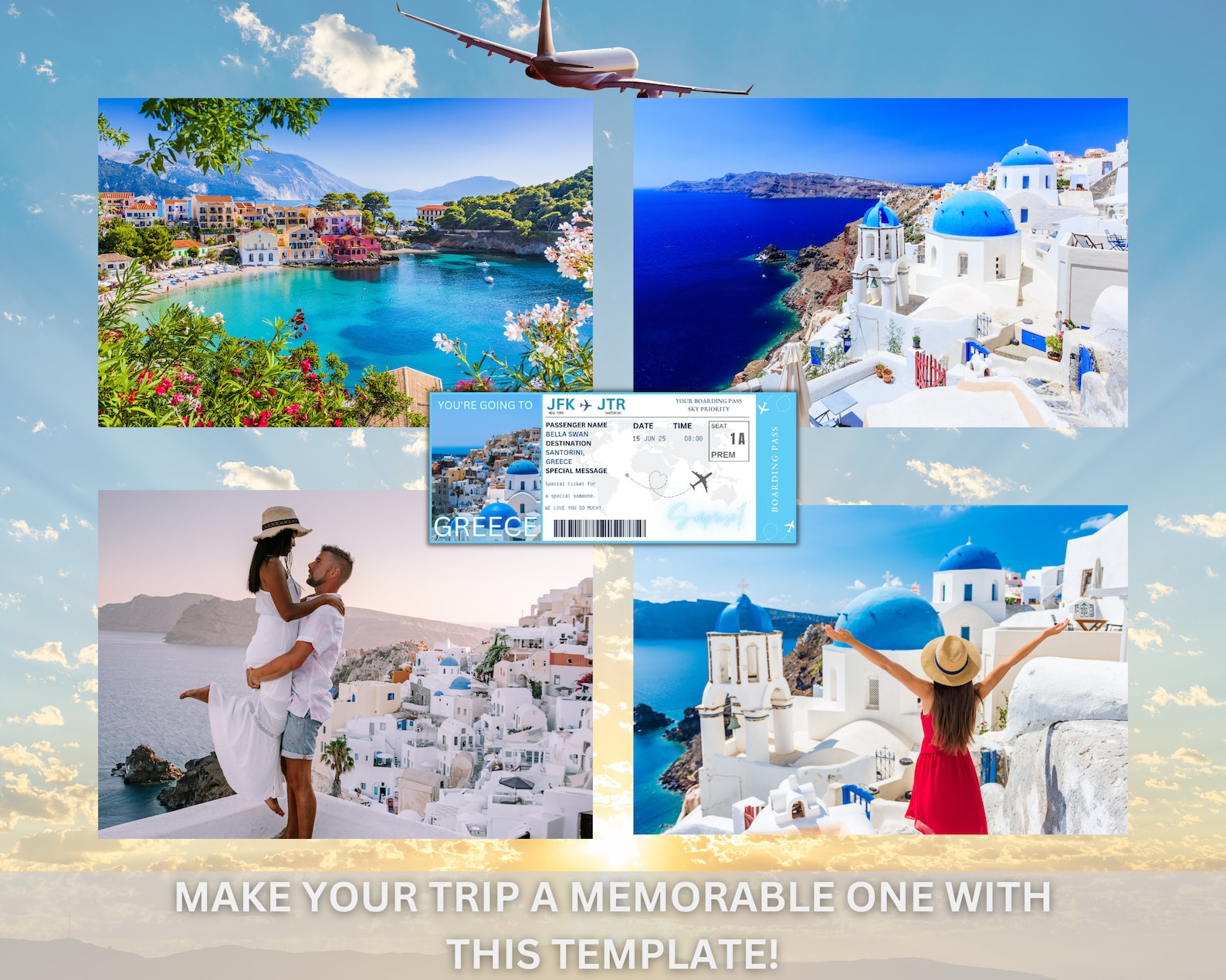 EDITABLE Greece Surprise Boarding Ticket Template Pass, Canva Boarding ...