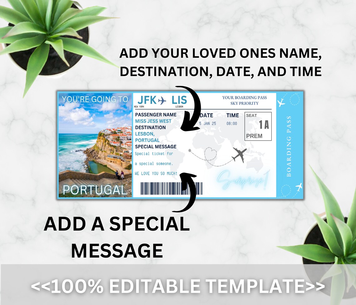 EDITABLE Surprise Portugal Boarding Ticket Template, Canva Airplane ...
