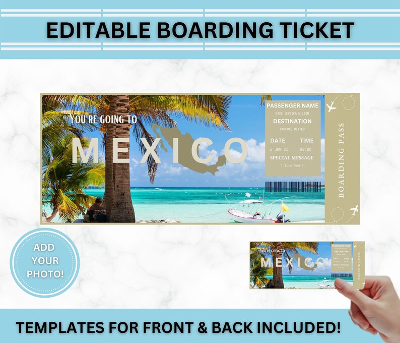 Editable MEXICO Surprise Boarding Ticket Template, Canva Boarding Pass ...