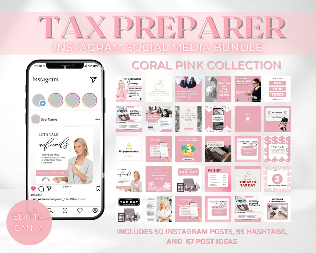 Tax Preparer Instagram Templates, Pink Coral Social Media Bundle - Etsy