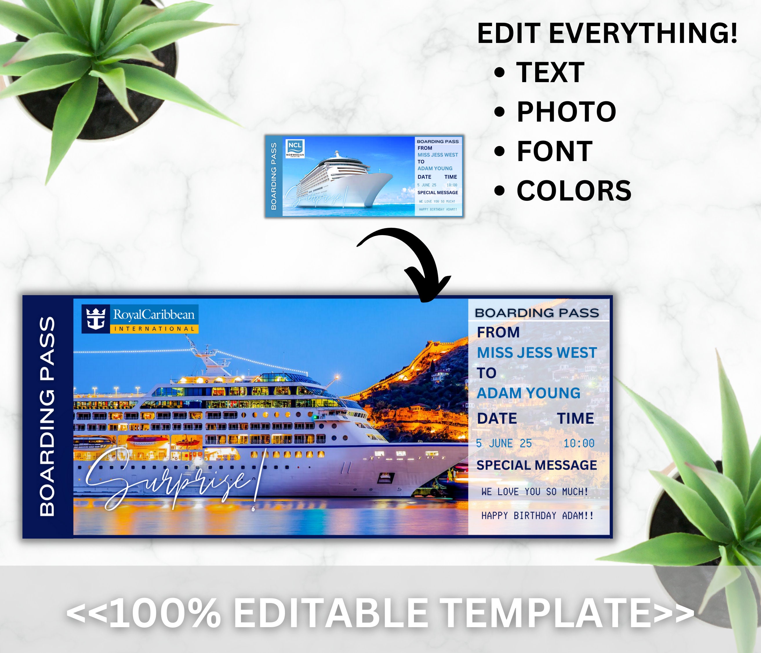 EDITABLE Surprise Norwegian Cruise Boarding Ticket Template, Canva ...