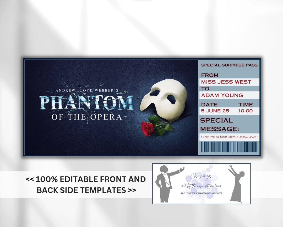 EDITABLE Phantom of the Opera Broadway Surprise Ticket,musical Collectible Theater Ticket ...