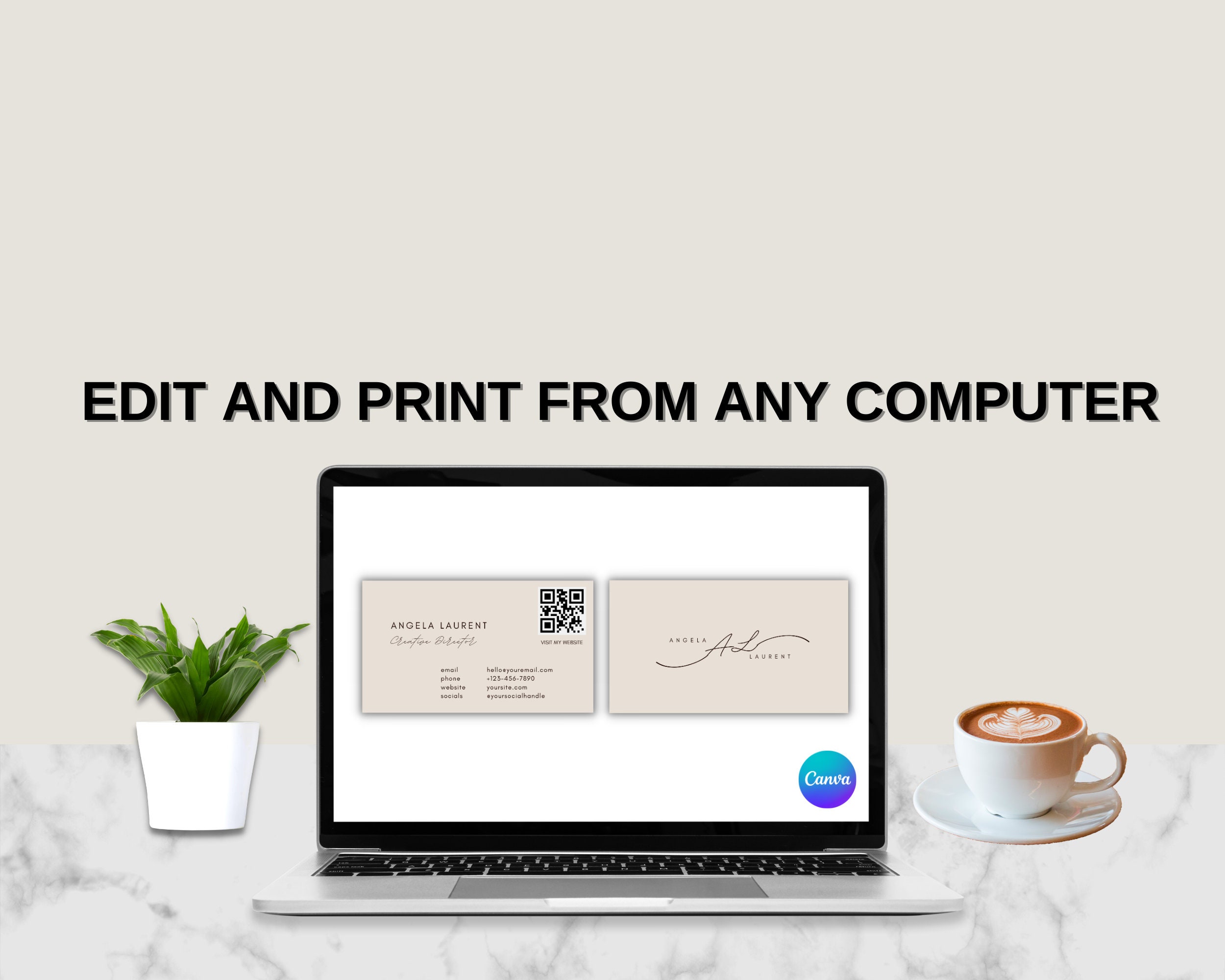 Boho Business Card Template, DIY Small Business Beige Card Template QR ...