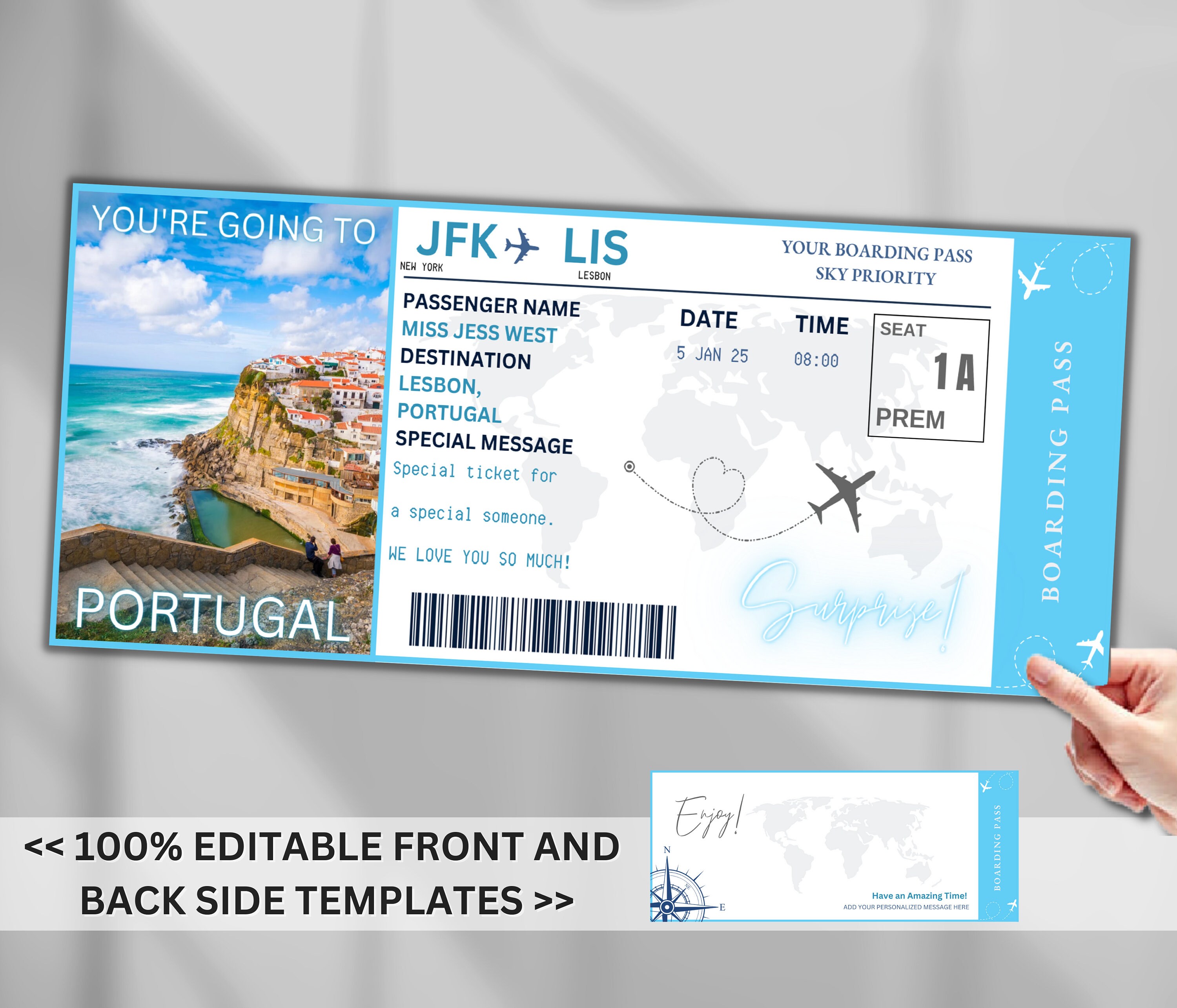 EDITABLE Surprise Portugal Boarding Ticket Template, Canva Airplane ...