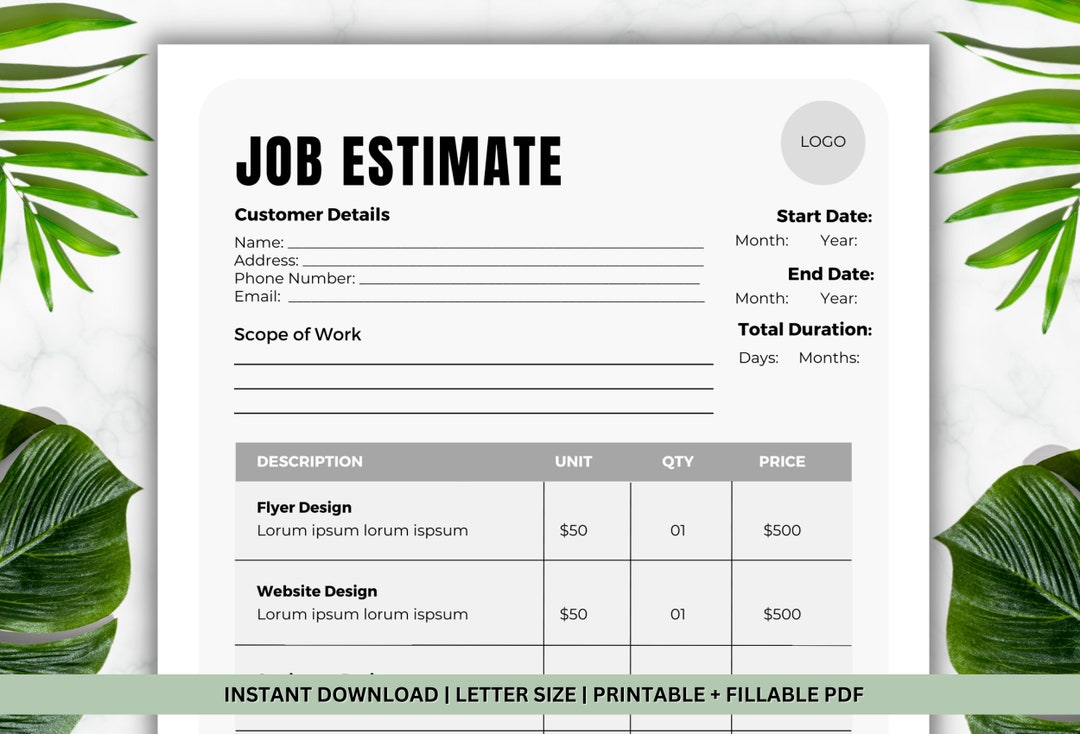 PRINTABLE Job Estimate Canva Template Contractor Estimate - Etsy