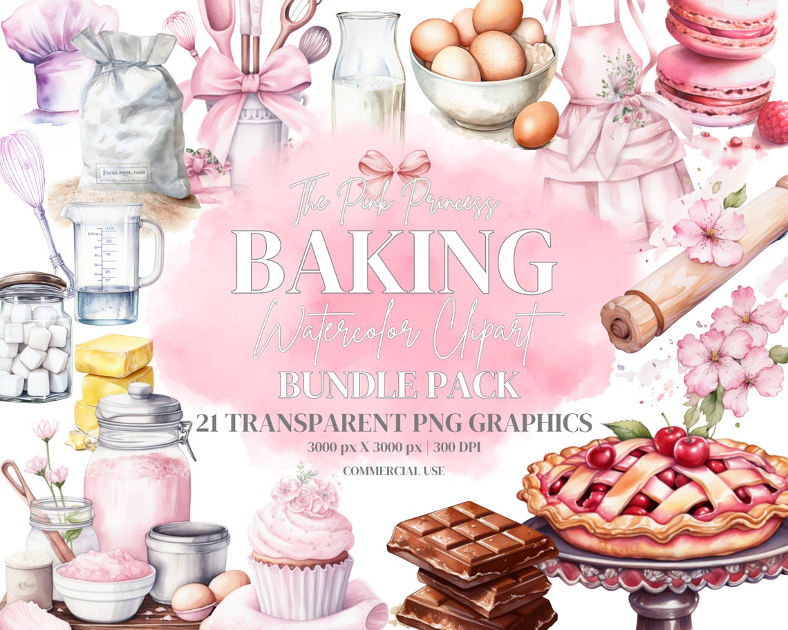 Kawaii Watercolor Bakery Clipart Bundle, Hand Drawn Bakery Pngs, Pink ...