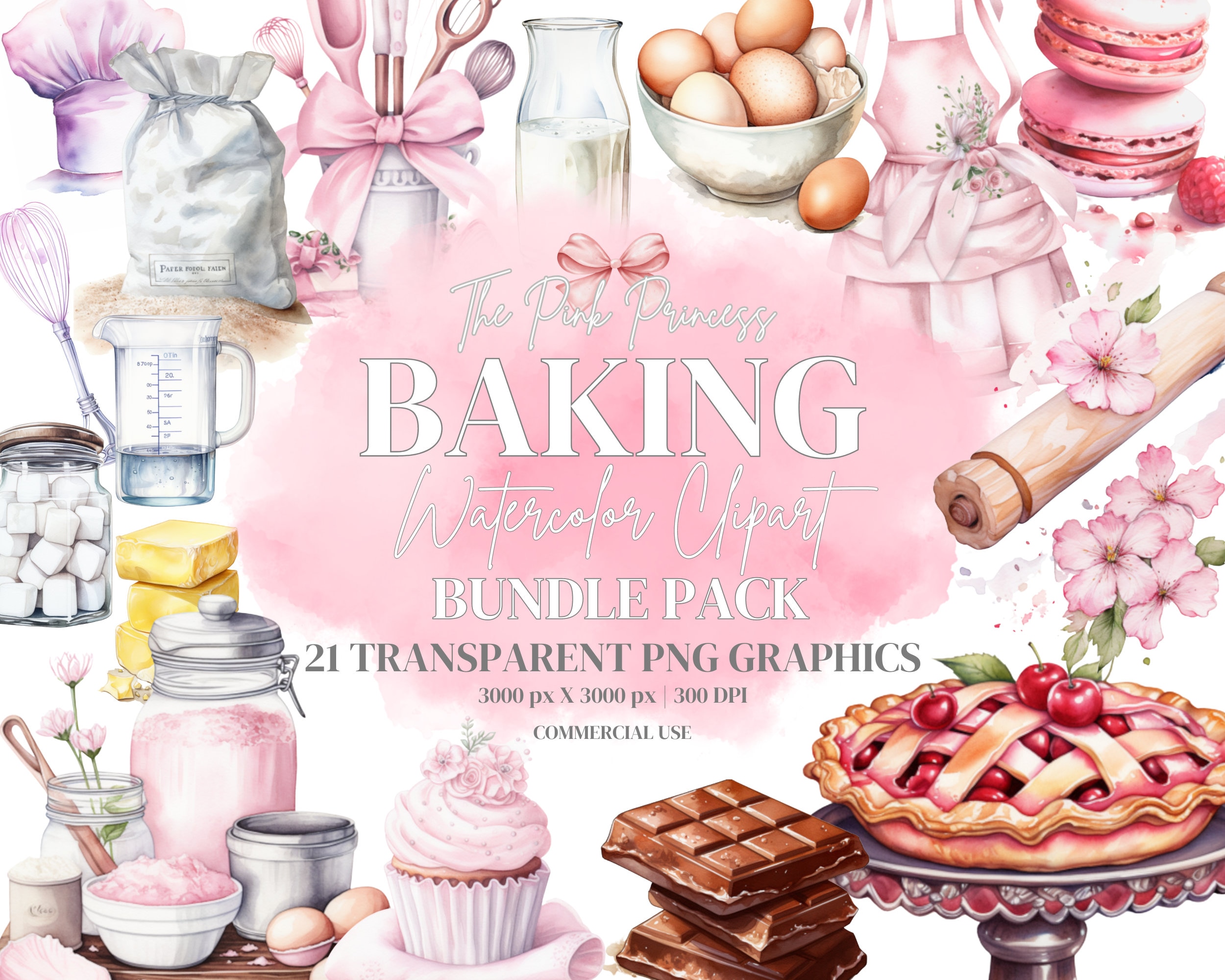 Kawaii Watercolor Bakery Clipart Bundle, Hand Drawn Bakery Pngs, Pink ...