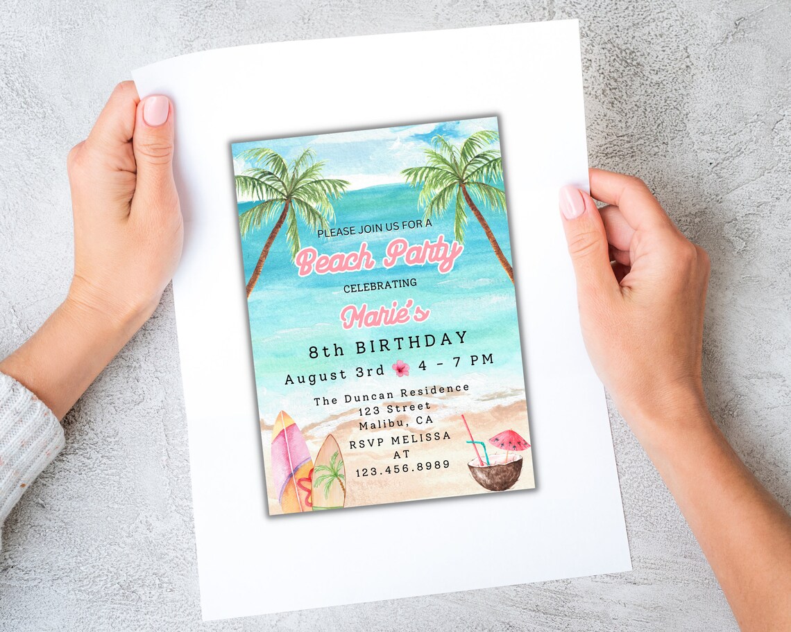 BEACH Birthday Invitation Template, Tropical Birthday Invite, Beach ...