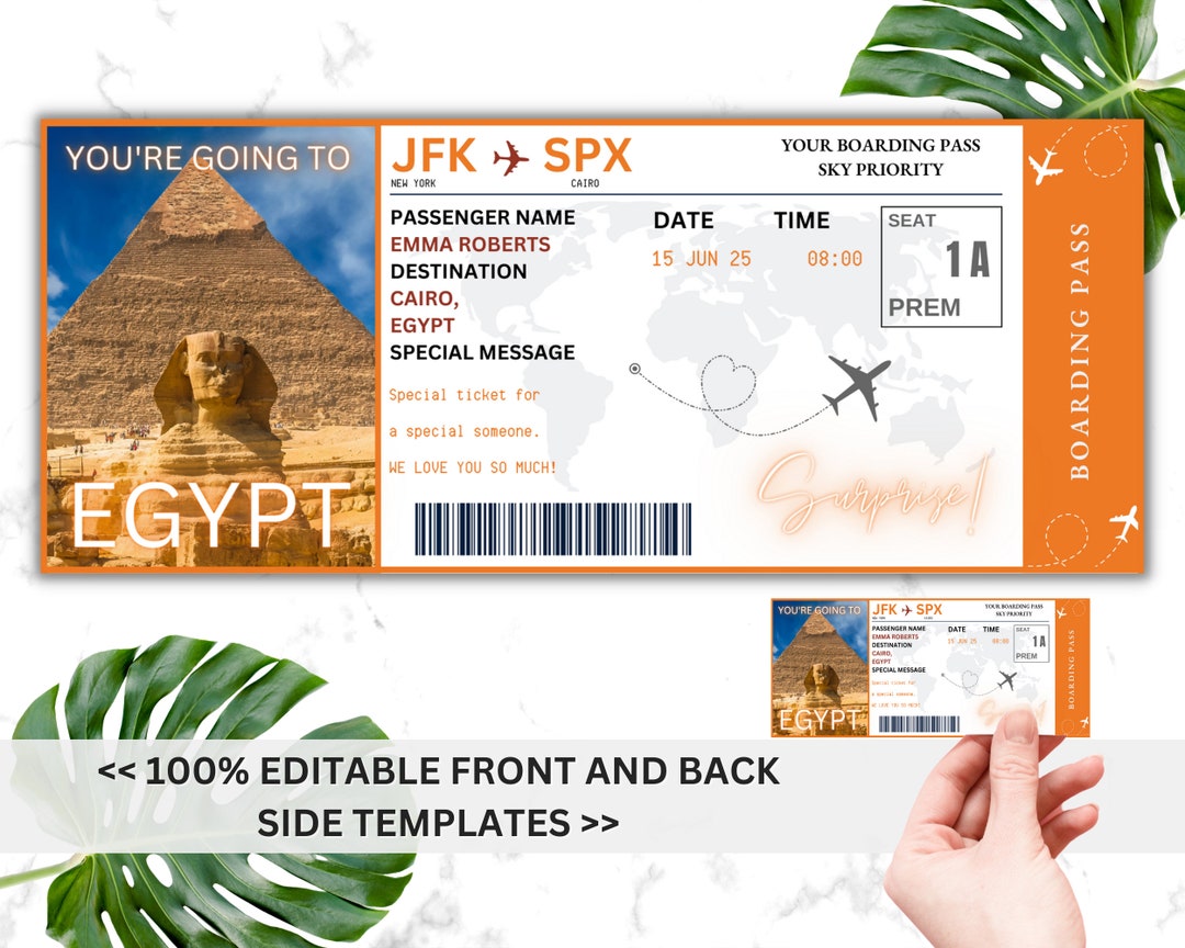 EDITABLE Egypt Surprise Boarding Ticket Template Pass, Canva Boarding Pass, Plane Ticket to Ride ...