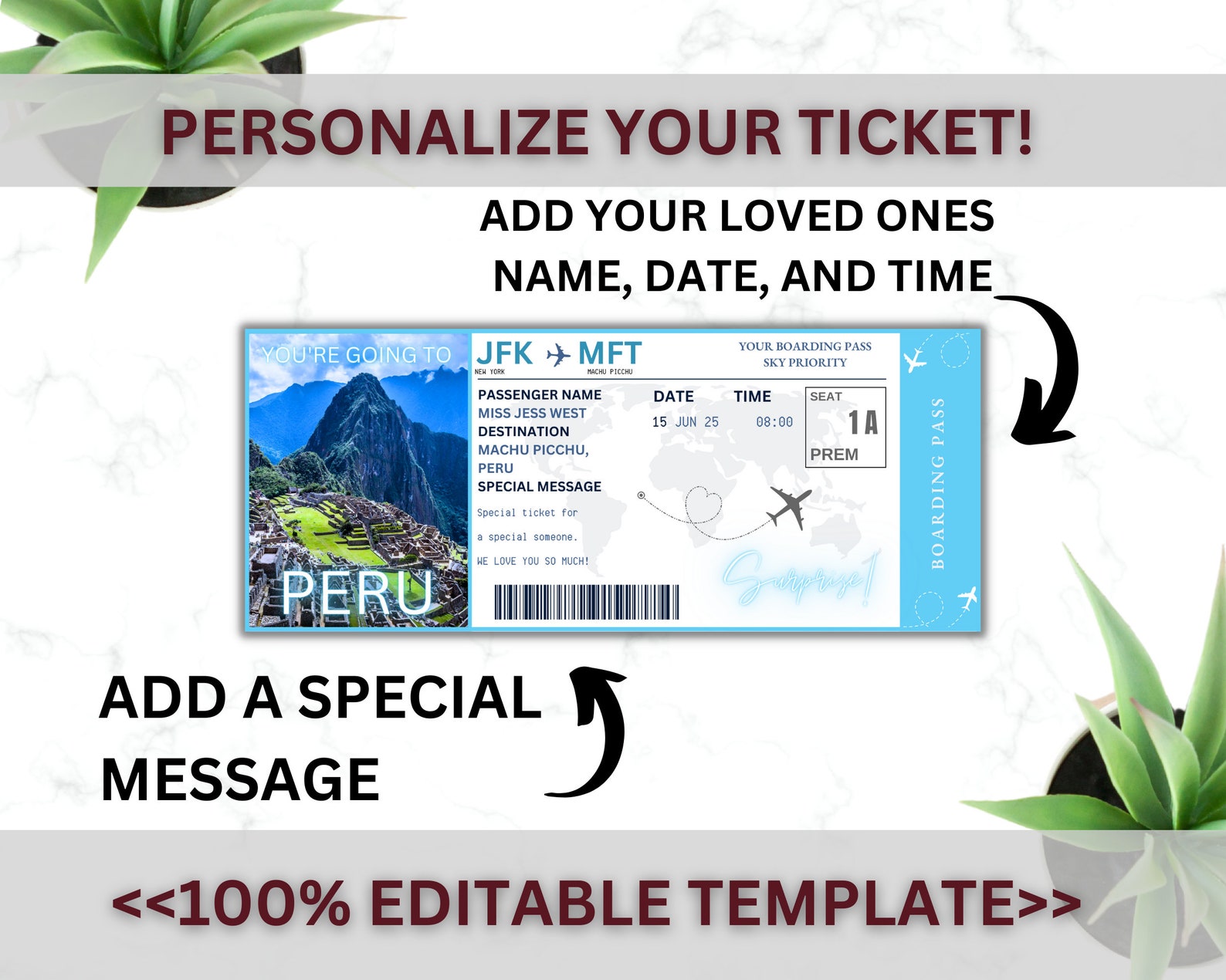 EDITABLE Peru Surprise Boarding Ticket Template Pass, Peru Canva ...