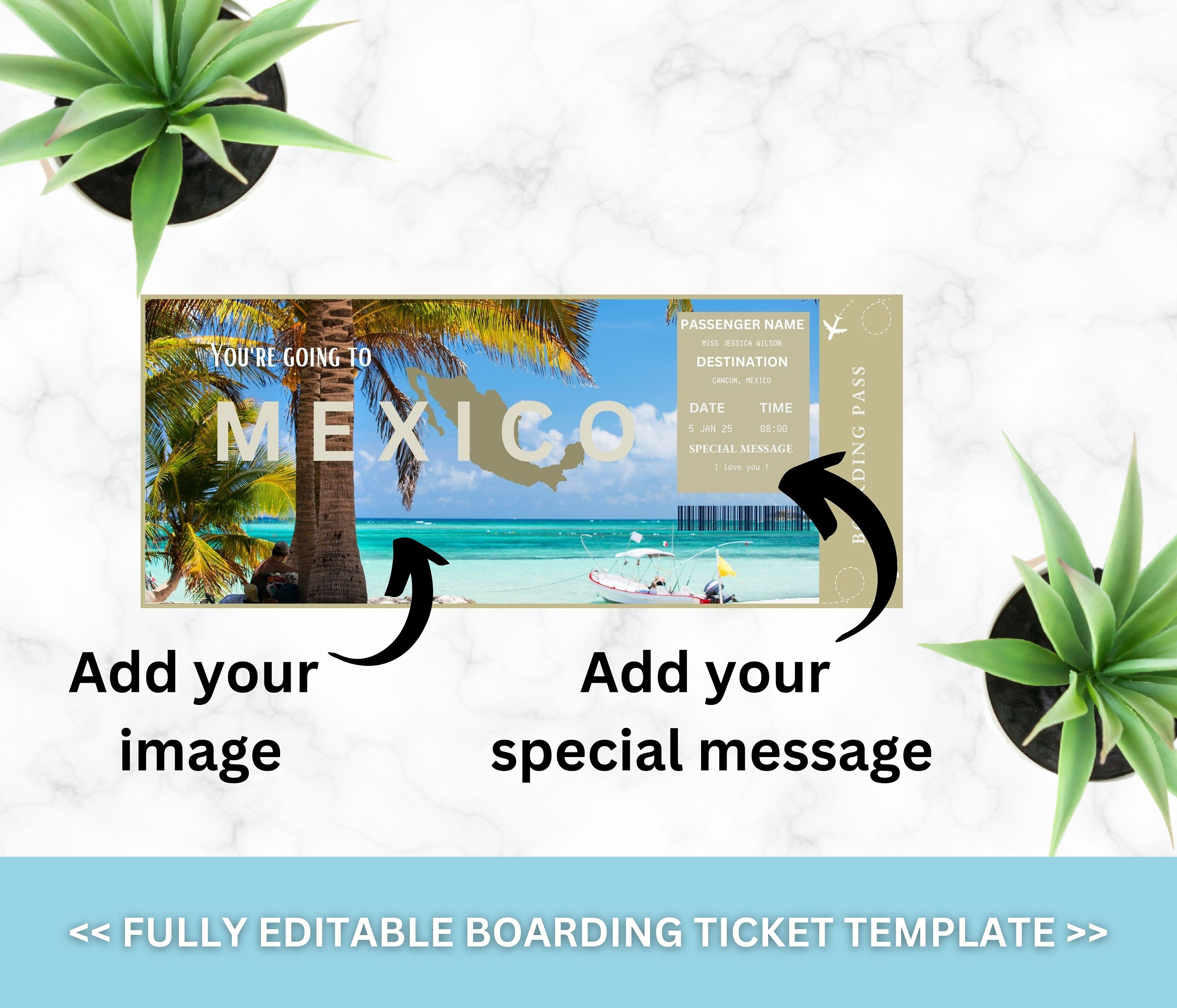 Editable MEXICO Surprise Boarding Ticket Template, Canva Boarding Pass ...