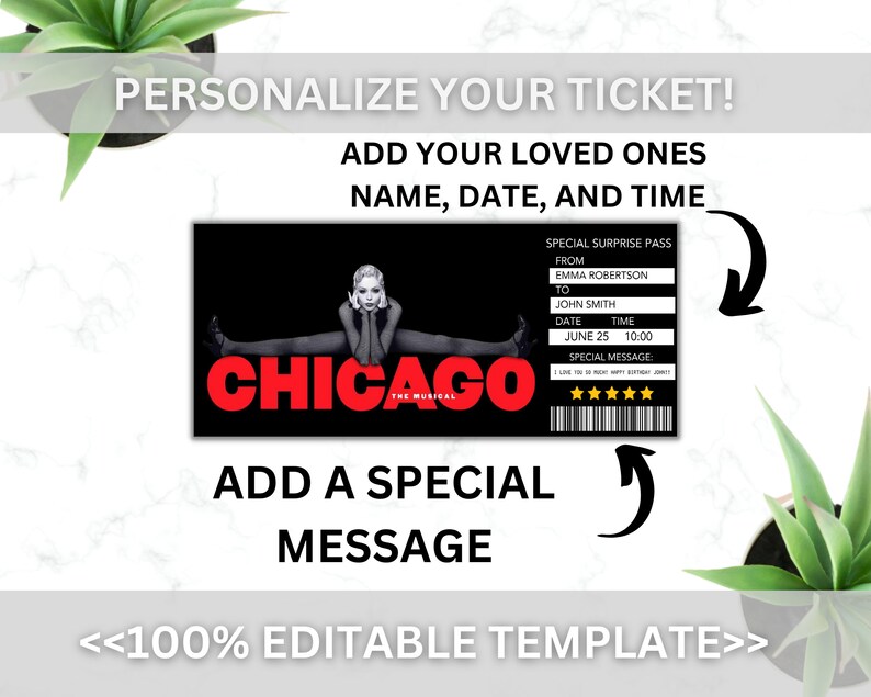 EDITABLE CHICAGO Broadway Surprise Ticket, Chicago Musical Collectible ...