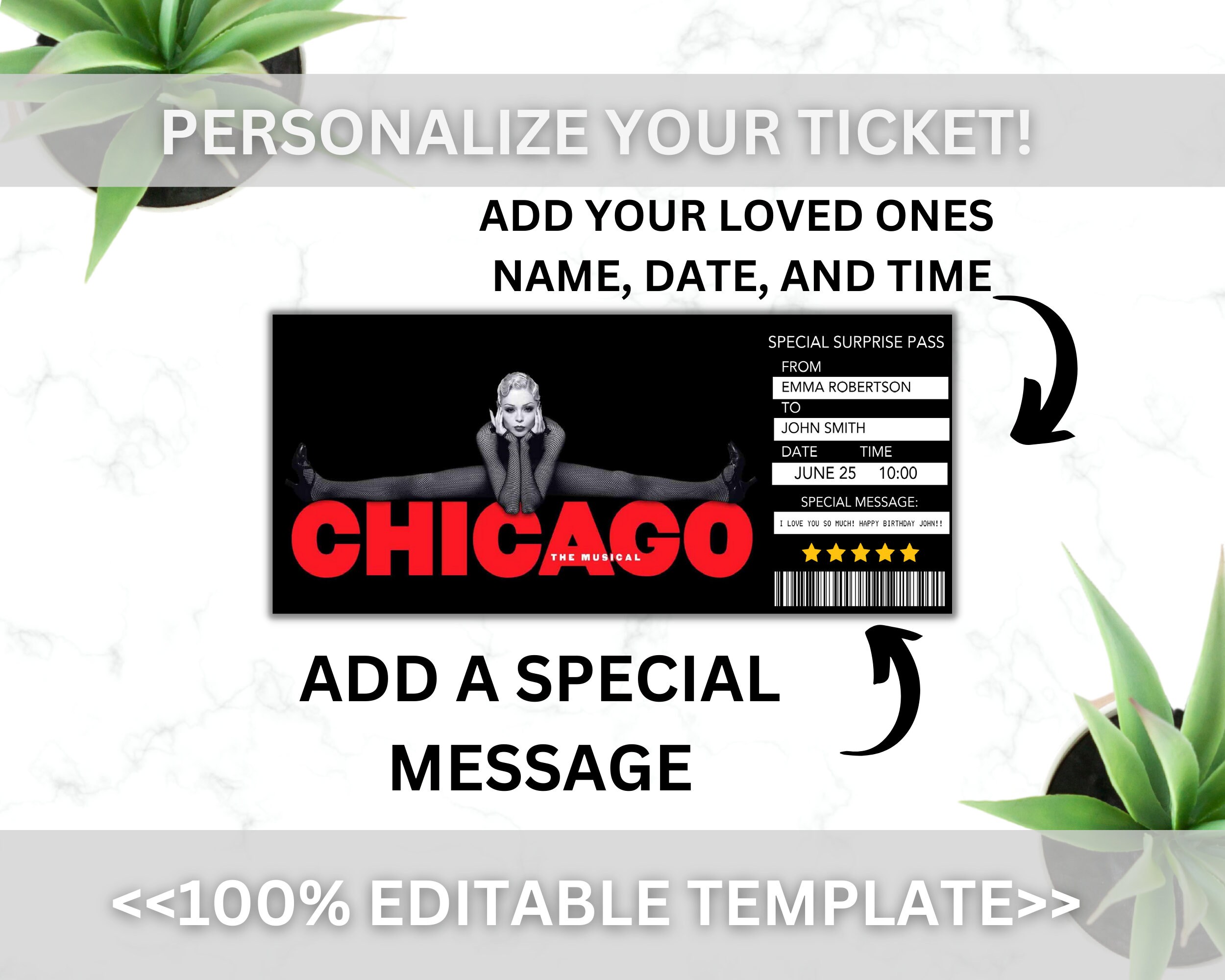 EDITABLE CHICAGO Broadway Surprise Ticket, Chicago Musical Collectible ...
