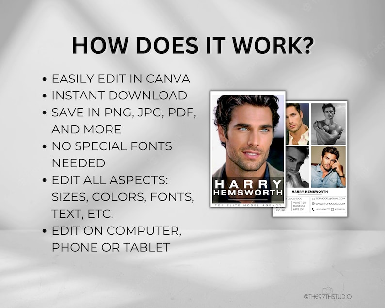 MALE MODEL Comp Card Template, Modeling Photocard, Zed Card for Models ...