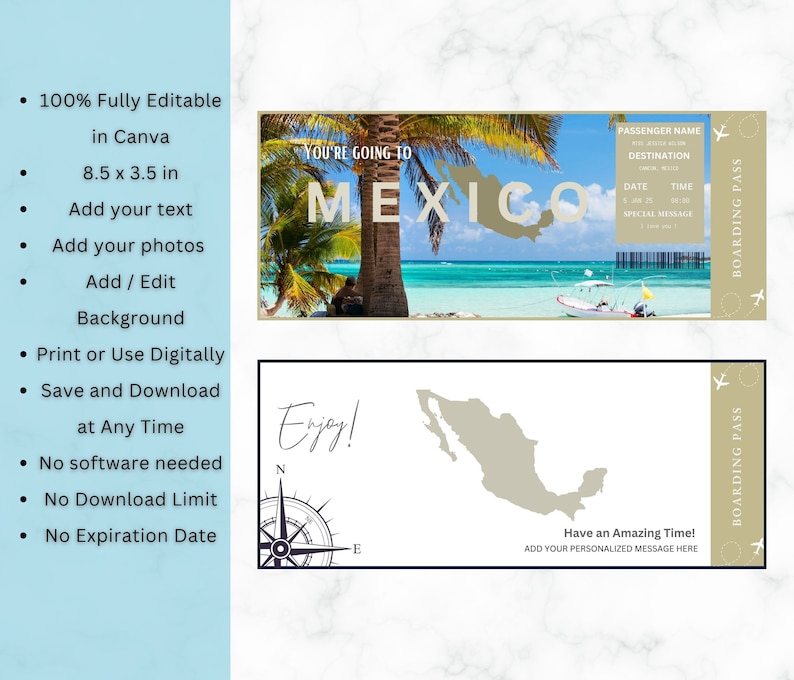 Editable MEXICO Surprise Boarding Ticket Template, Canva Boarding Pass ...