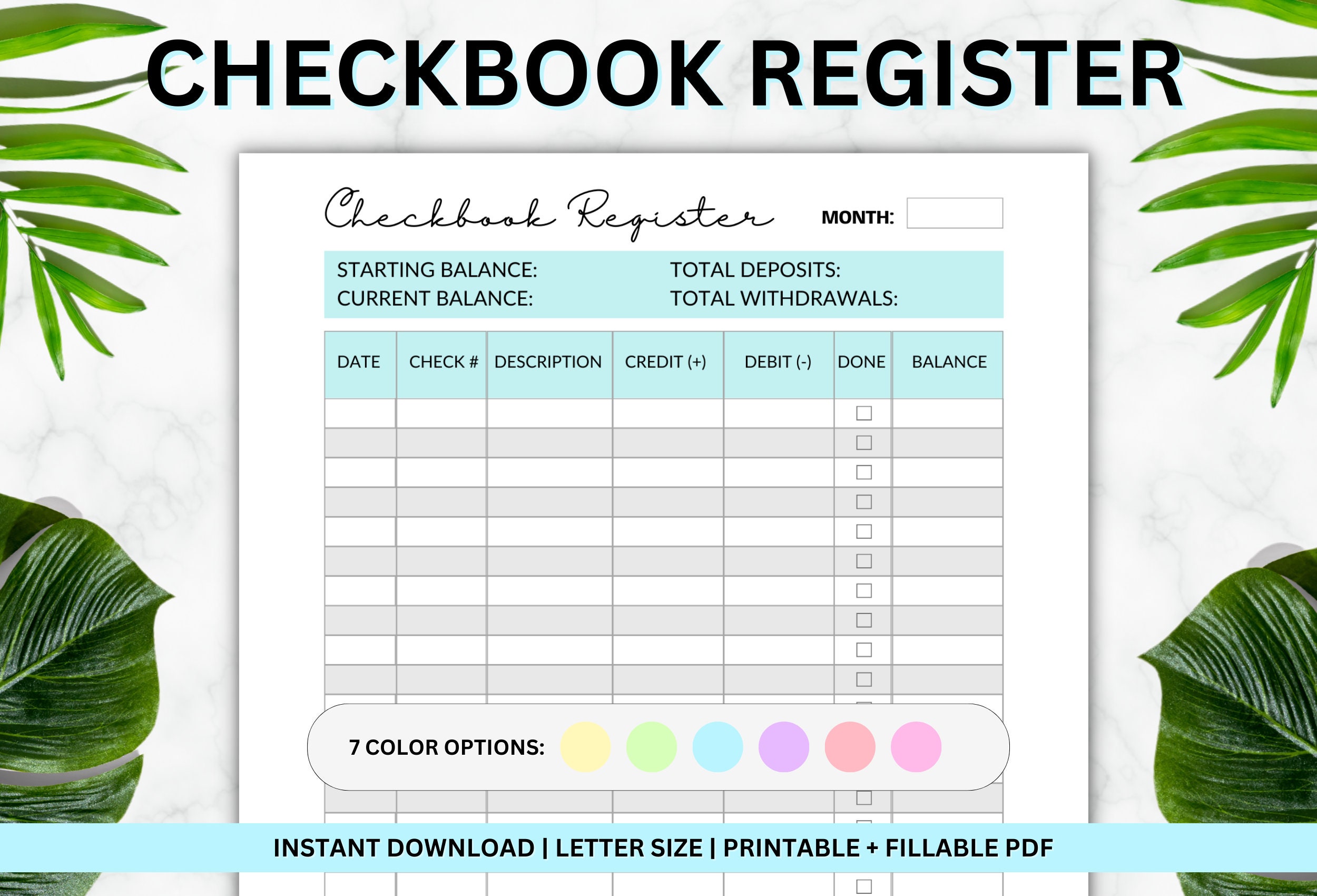 PRINTABLE Checkbook Register Finance Tracker Check Register Financial ...