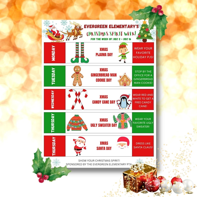 Christmas School Spirit Week Itinerary Schedule, School Pto Pta ...