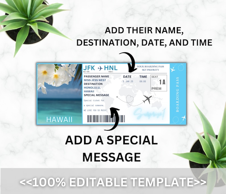 EDITABLE Hawaii Surprise Boarding Ticket Template, Canva Boarding Pass ...