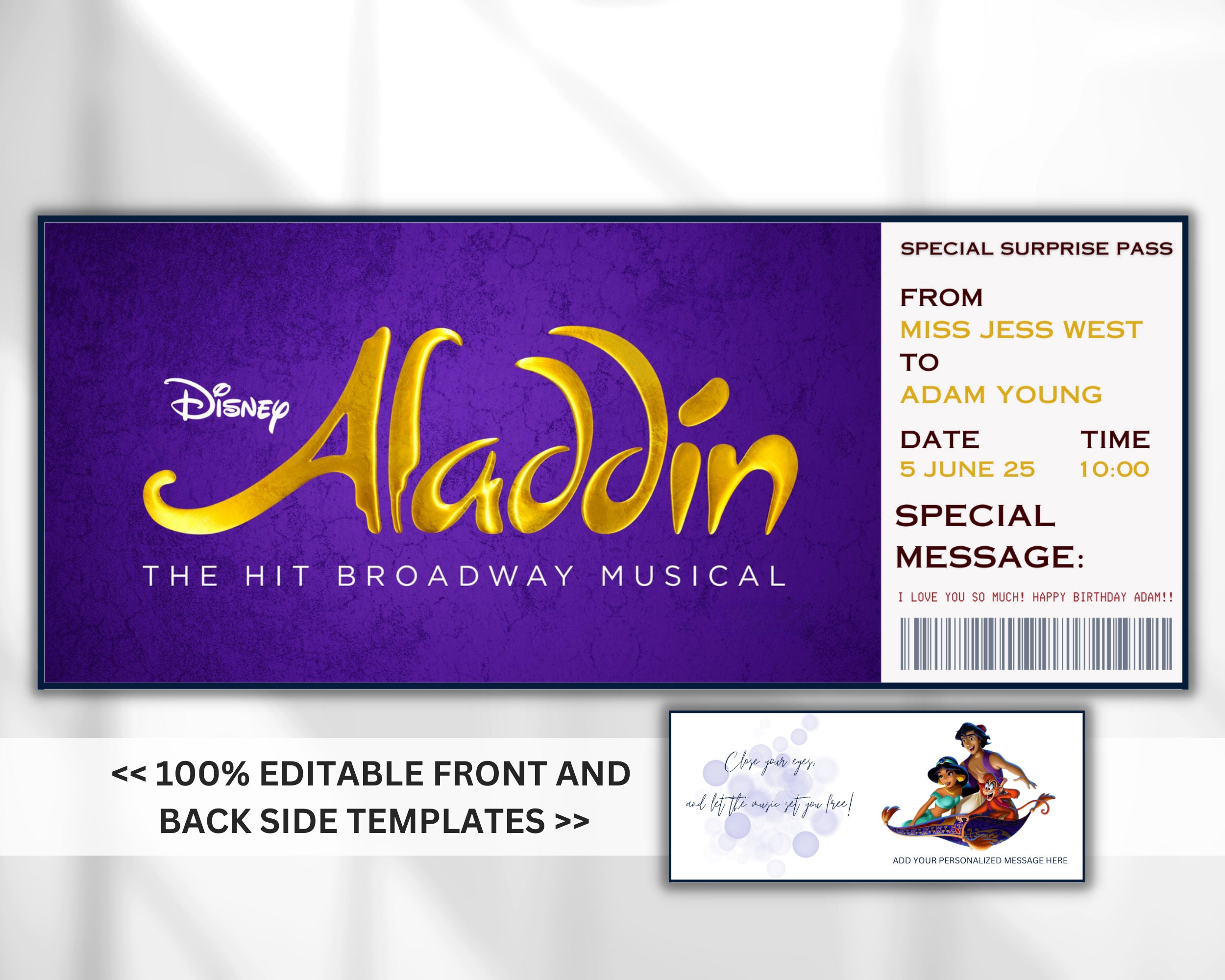 EDITABLE Aladdin Broadway Surprise Ticket, Aladdin Musical Collectible ...