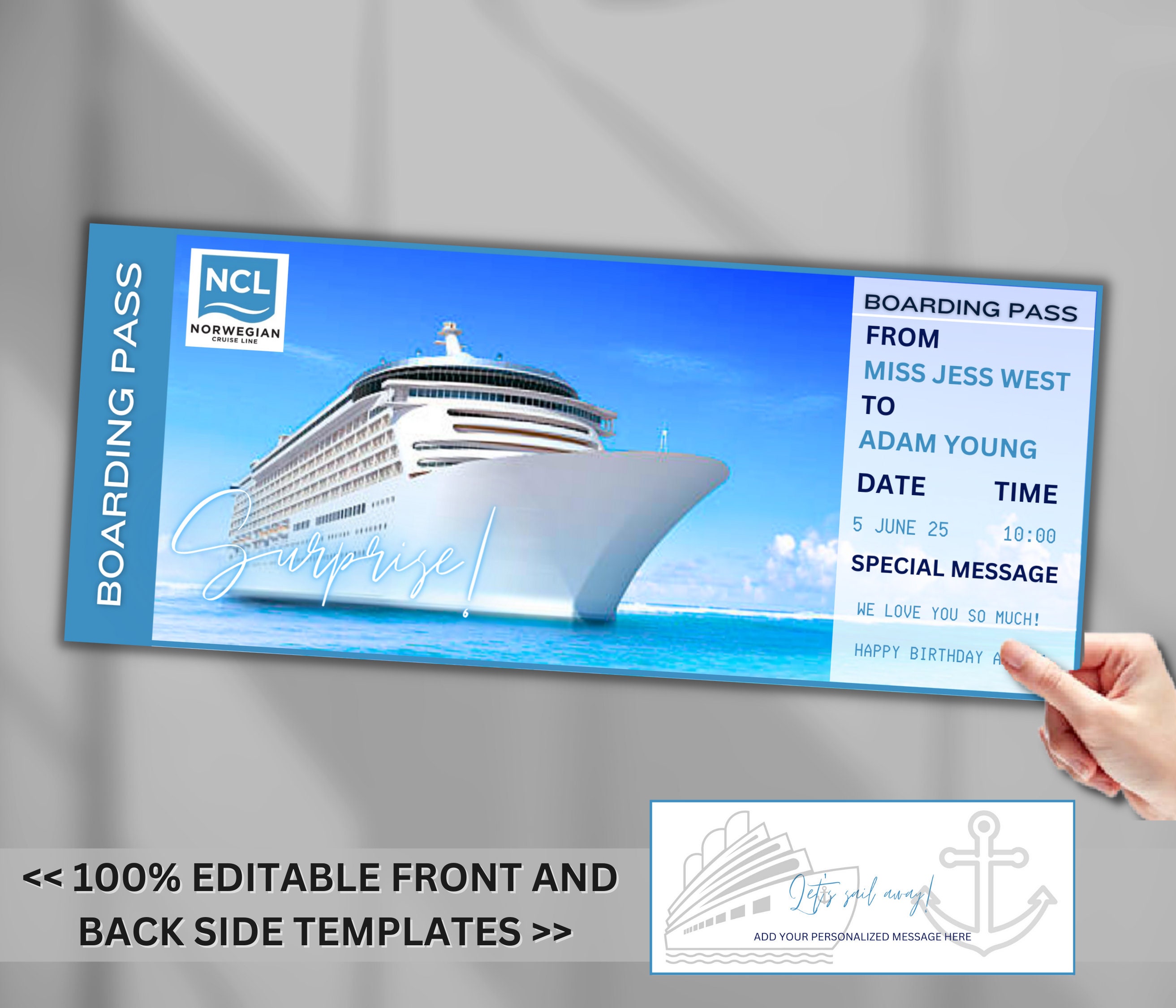 EDITABLE Surprise Norwegian Cruise Boarding Ticket Template, Canva ...