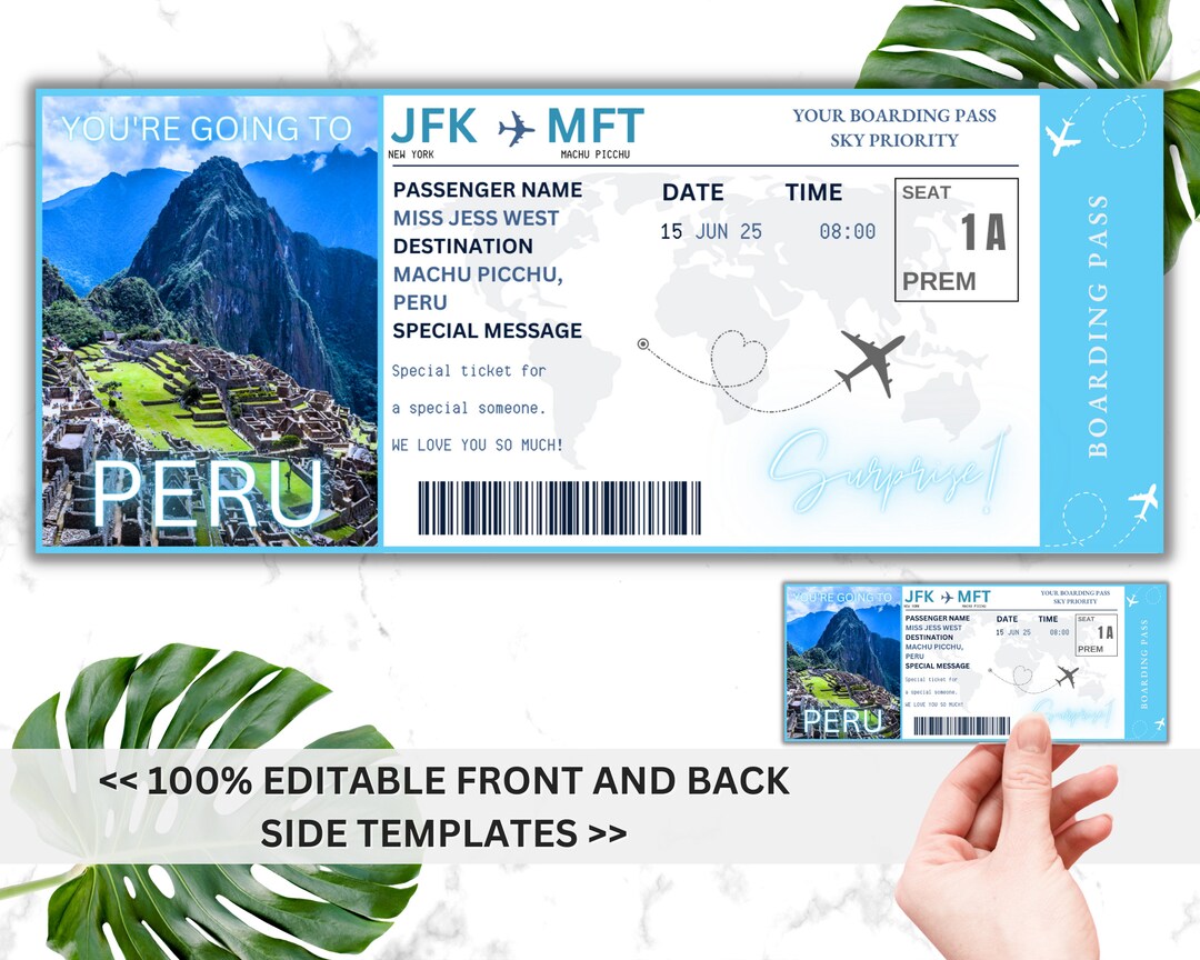 EDITABLE Peru Surprise Boarding Ticket Template Pass, Peru Canva ...
