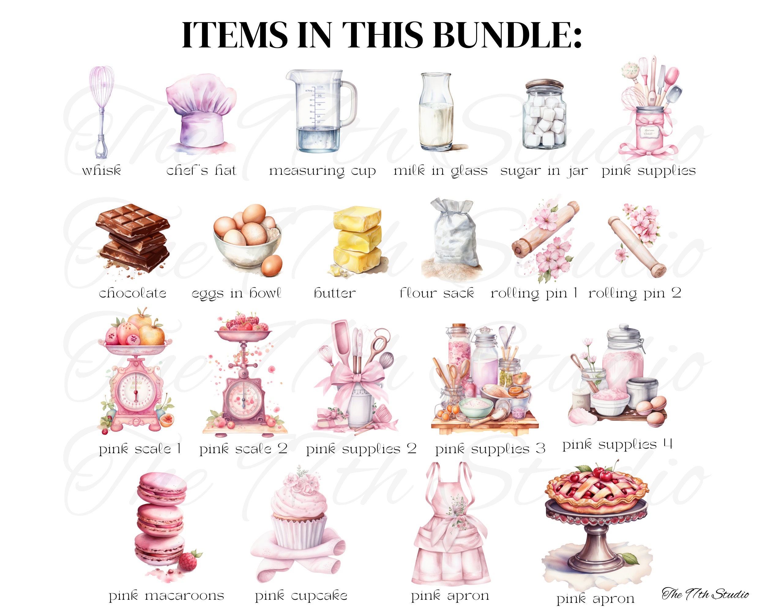 Kawaii Watercolor Bakery Clipart Bundle, Hand Drawn Bakery Pngs, Pink ...