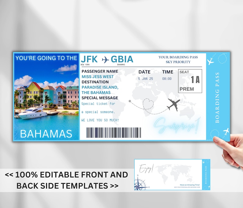EDITABLE Surprise Bahamas Boarding Ticket Template Canva - Etsy