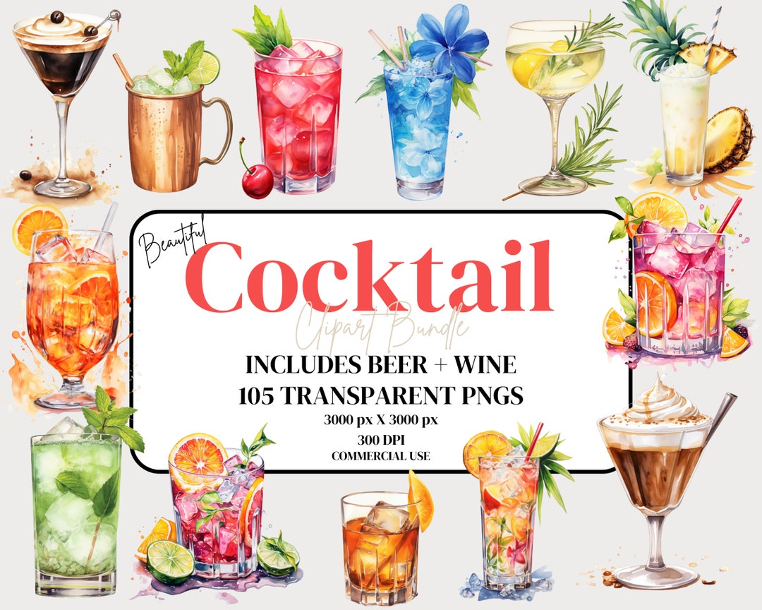 Watercolor Cocktail Clipart, Summer Drinks, Bar Menu Graphics (105 PNG ...