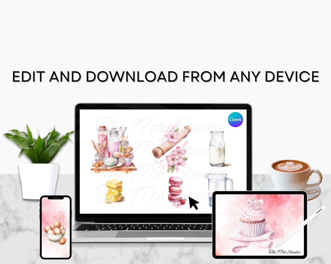 Kawaii Watercolor Bakery Clipart Bundle, Hand Drawn Bakery Pngs, Pink ...