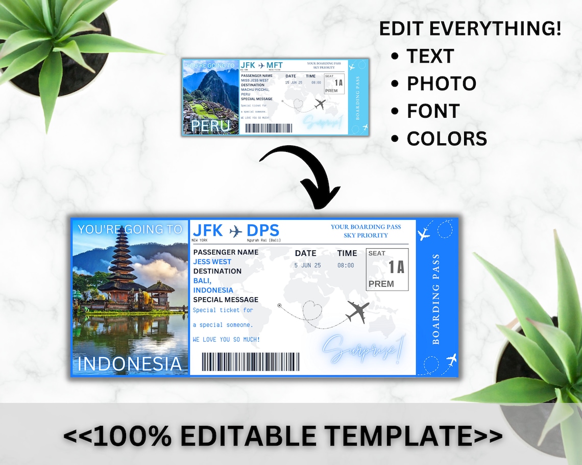 EDITABLE Peru Surprise Boarding Ticket Template Pass, Peru Canva ...