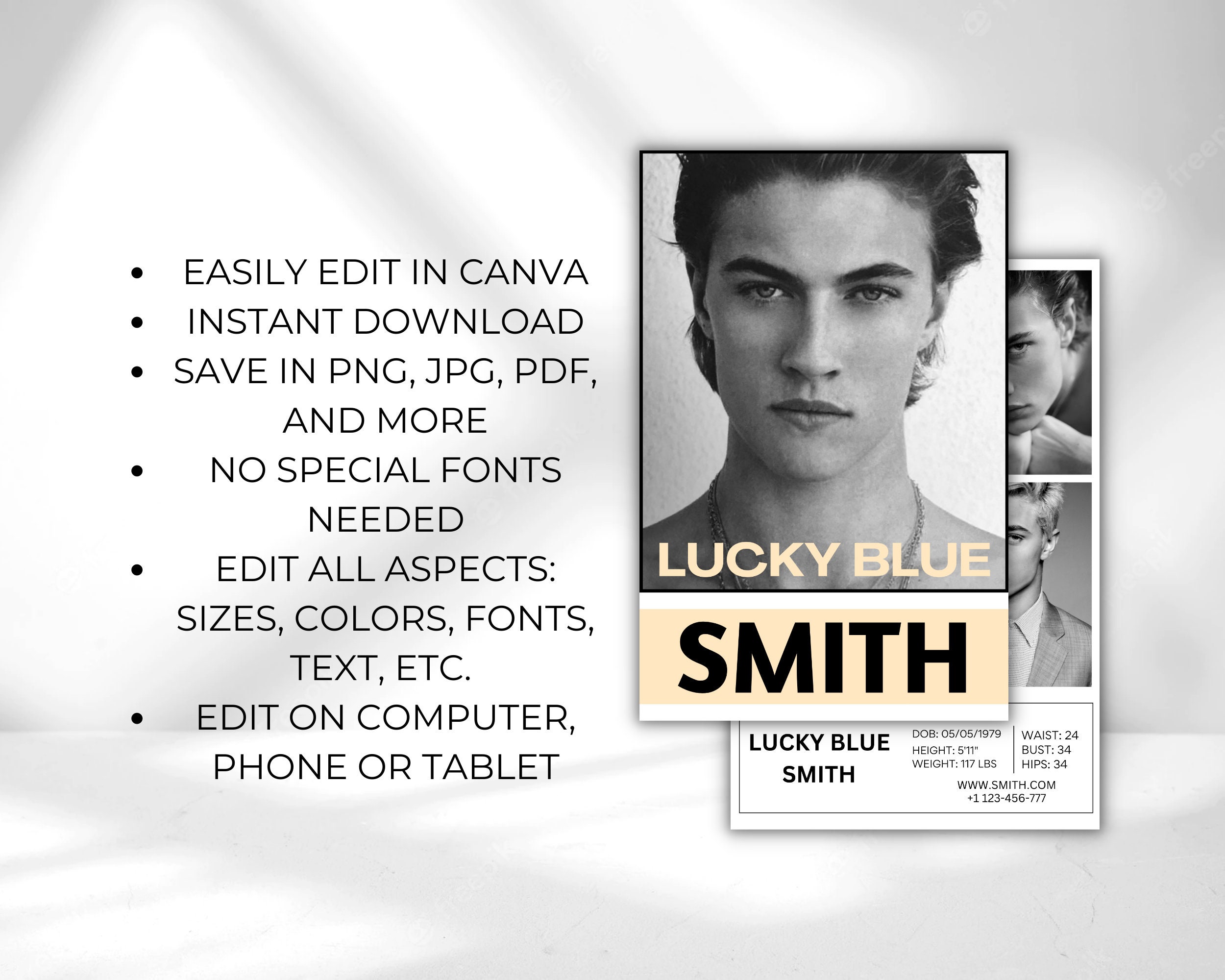 COMP CARD Template for Male Models,modeling Photocard, Zed Card for ...