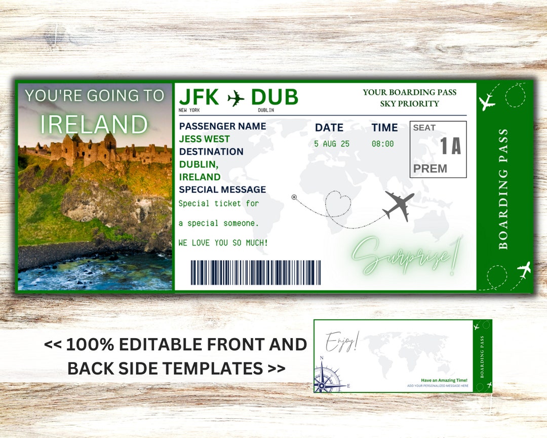 Ireland Surprise Boarding Pass Template, Editable Canva Ticket (digital ...