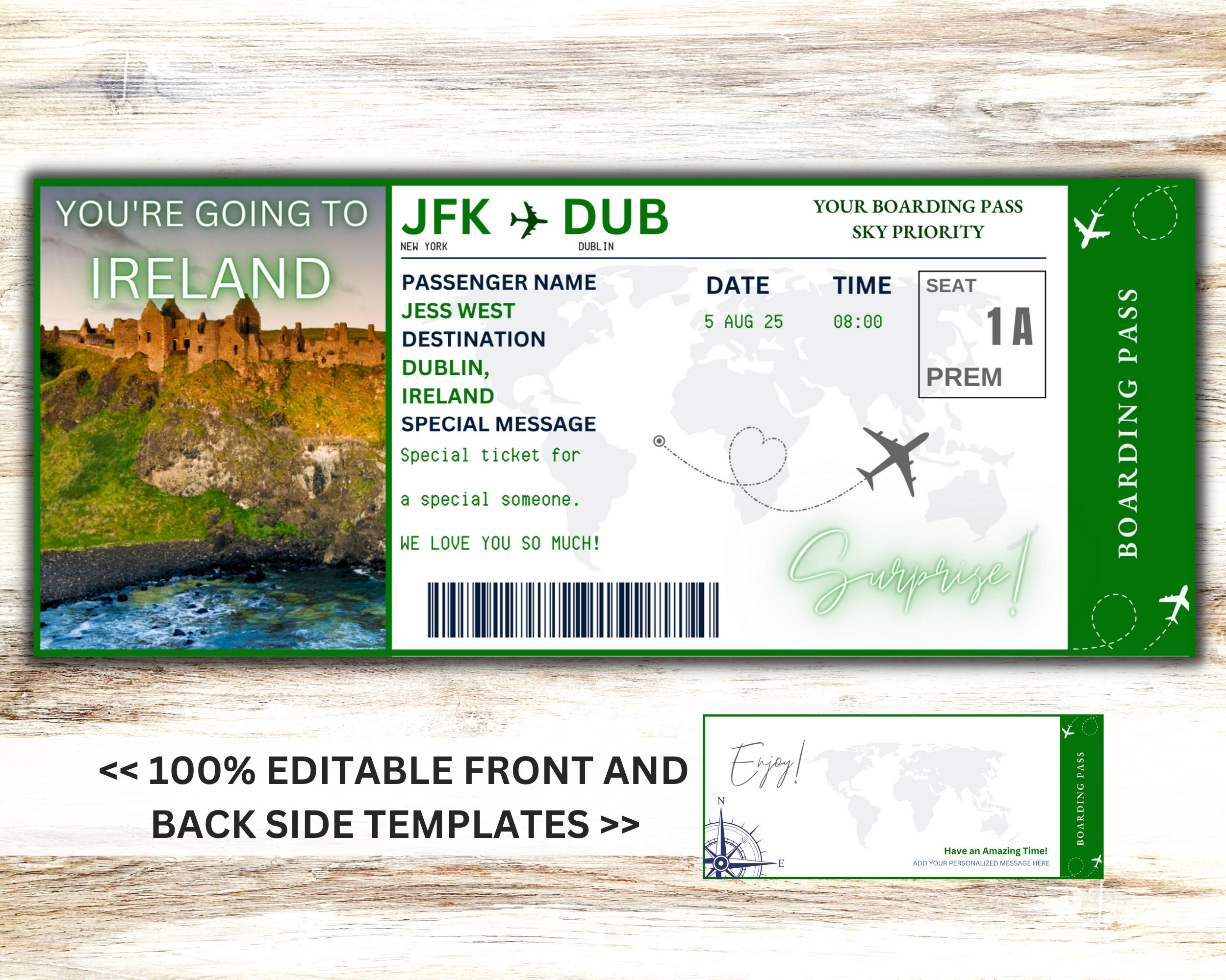 EDITABLE Ireland Surprise Boarding Ticket Template, Canva Boarding Pass ...