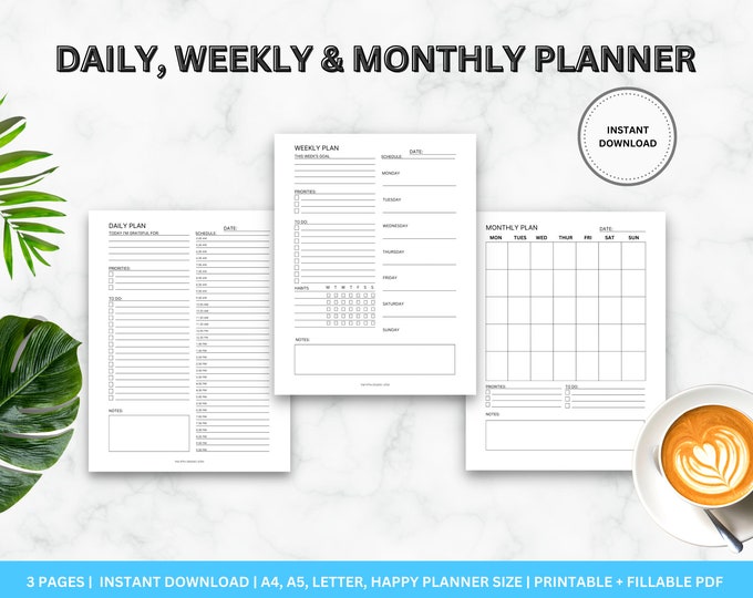 Editable Daily + Weekly + Monthly Planner Set - Instant Download ...