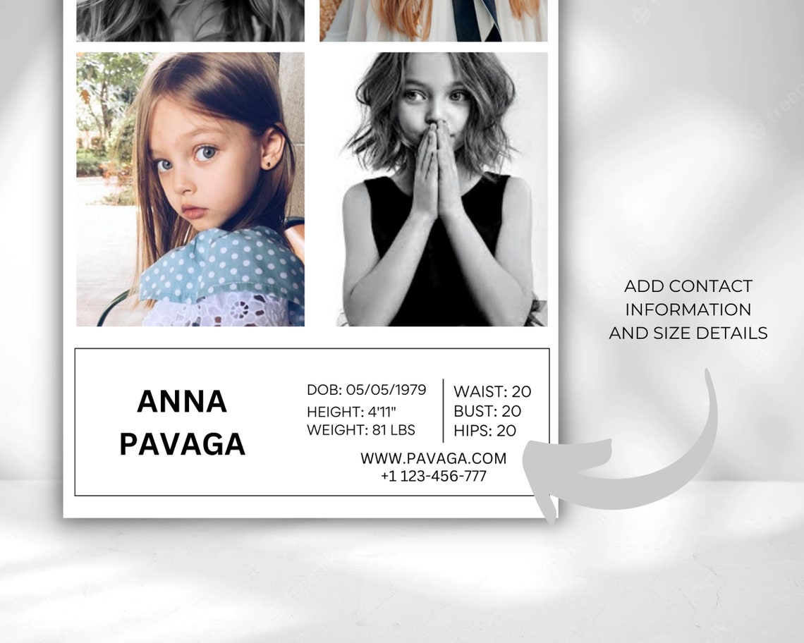 KIDS COMP CARD Template,modeling Photo Card,zed Card for Kid Models,z ...