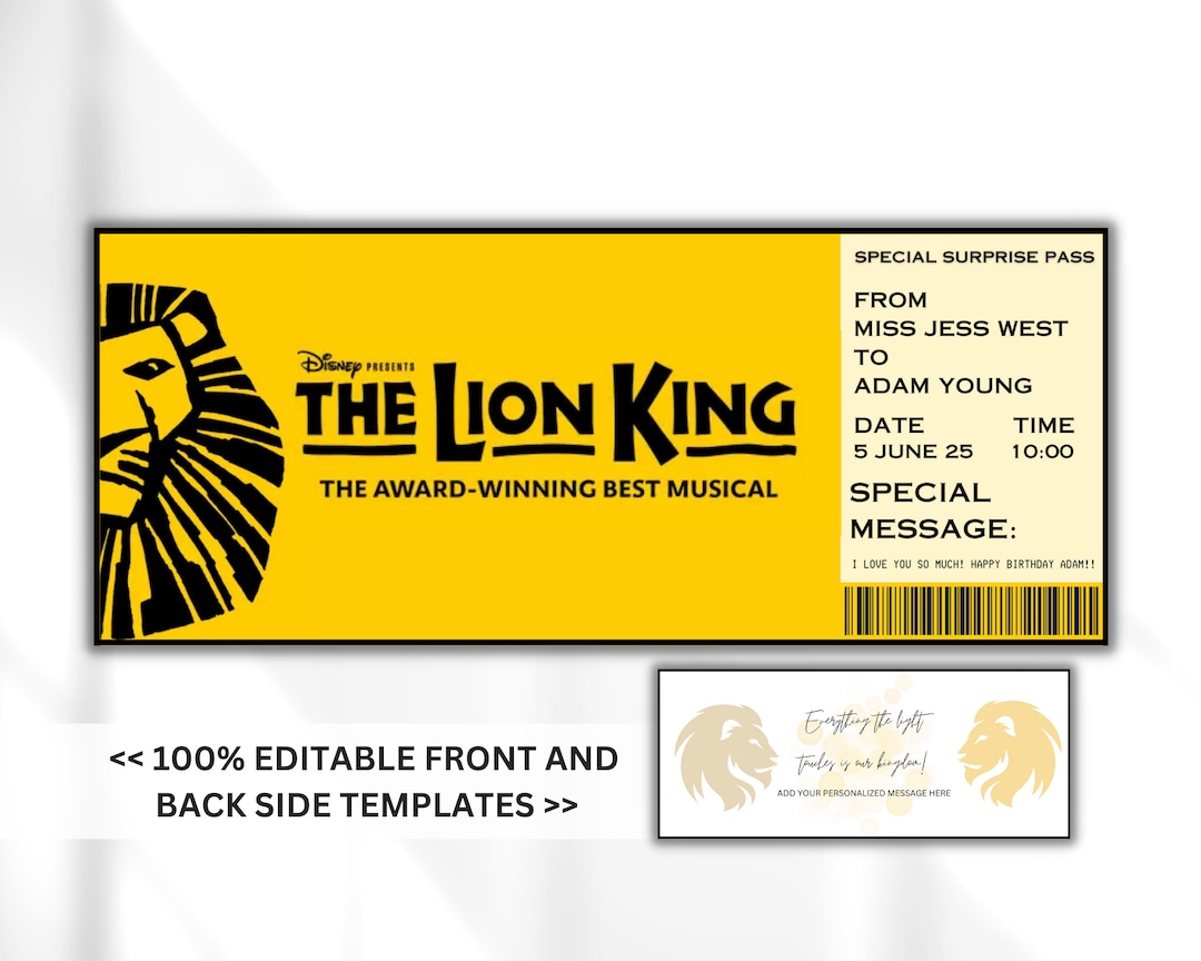 EDITABLE LION KING Broadway Surprise Ticket,musical Collectible Theater ...