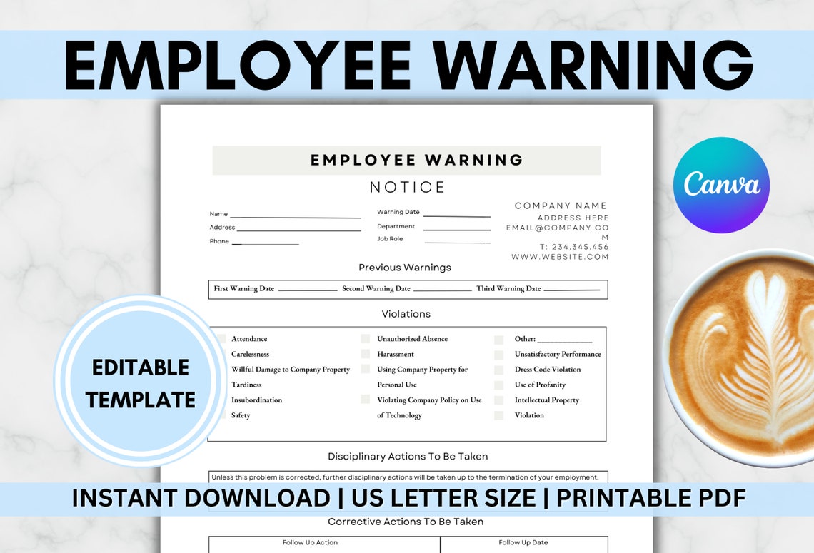 Employee Disciplinary Form, EDITABLE Warning Notice, Small Business ...